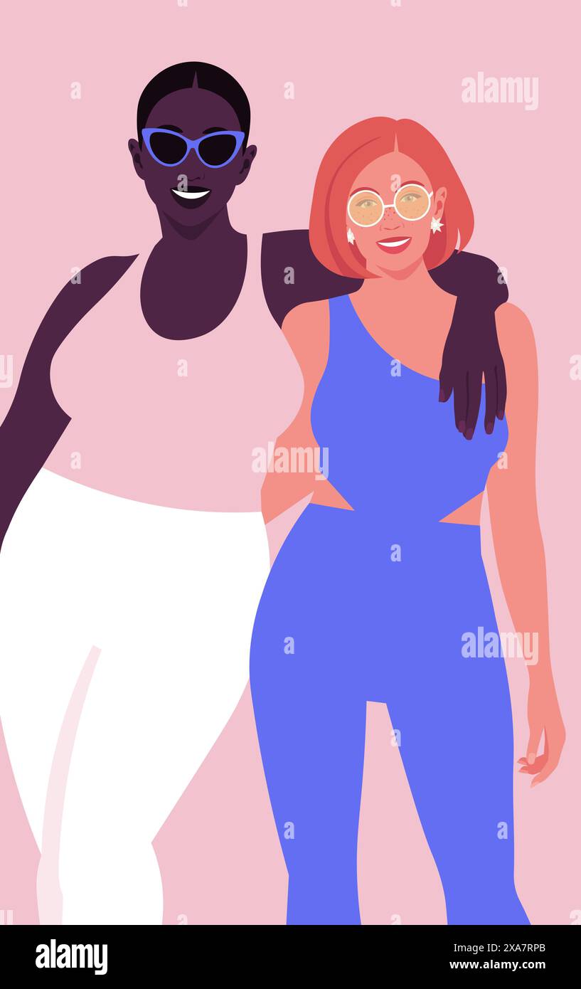 Two multiethnic women are embracing together after a fitness class ...