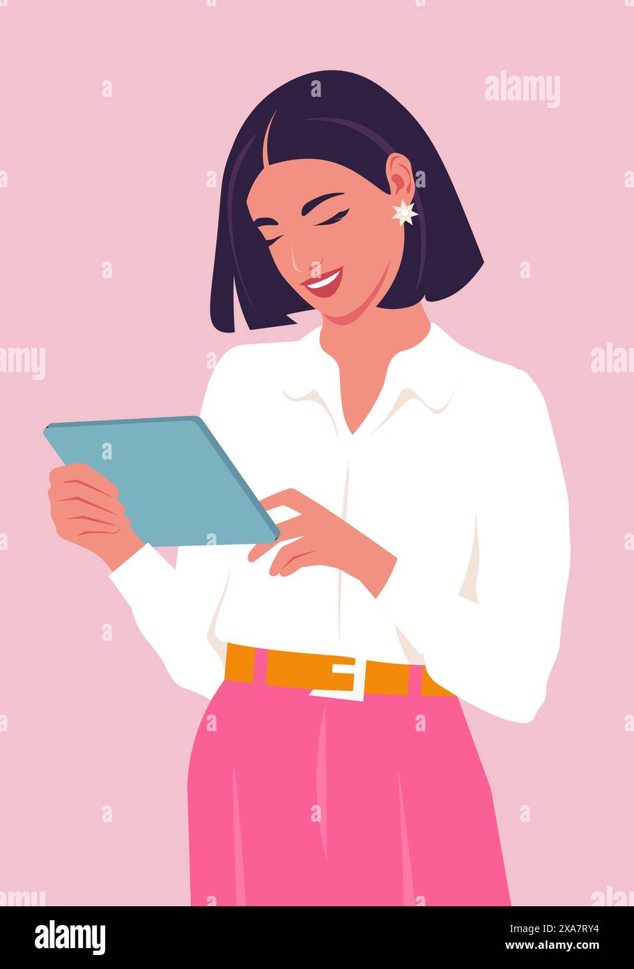 Happy Asian woman planning day with tablet. Person standing and sending ...