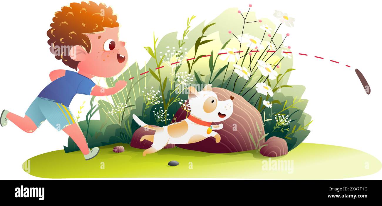 Little Boy and his Puppy Dog Play Fetch in Nature Stock Vector Image ...