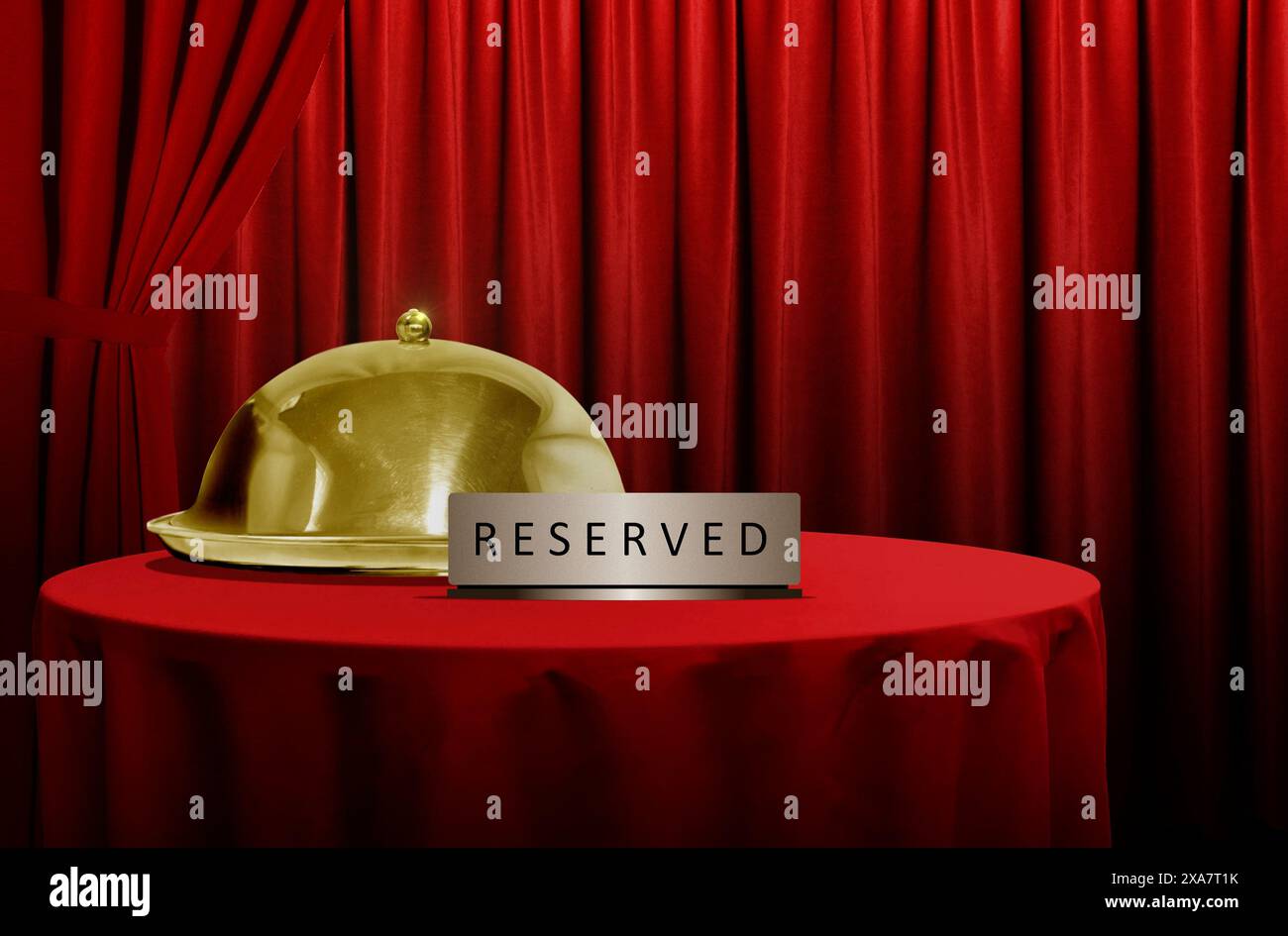 3d illustration of table reservation concept with red curtain ...
