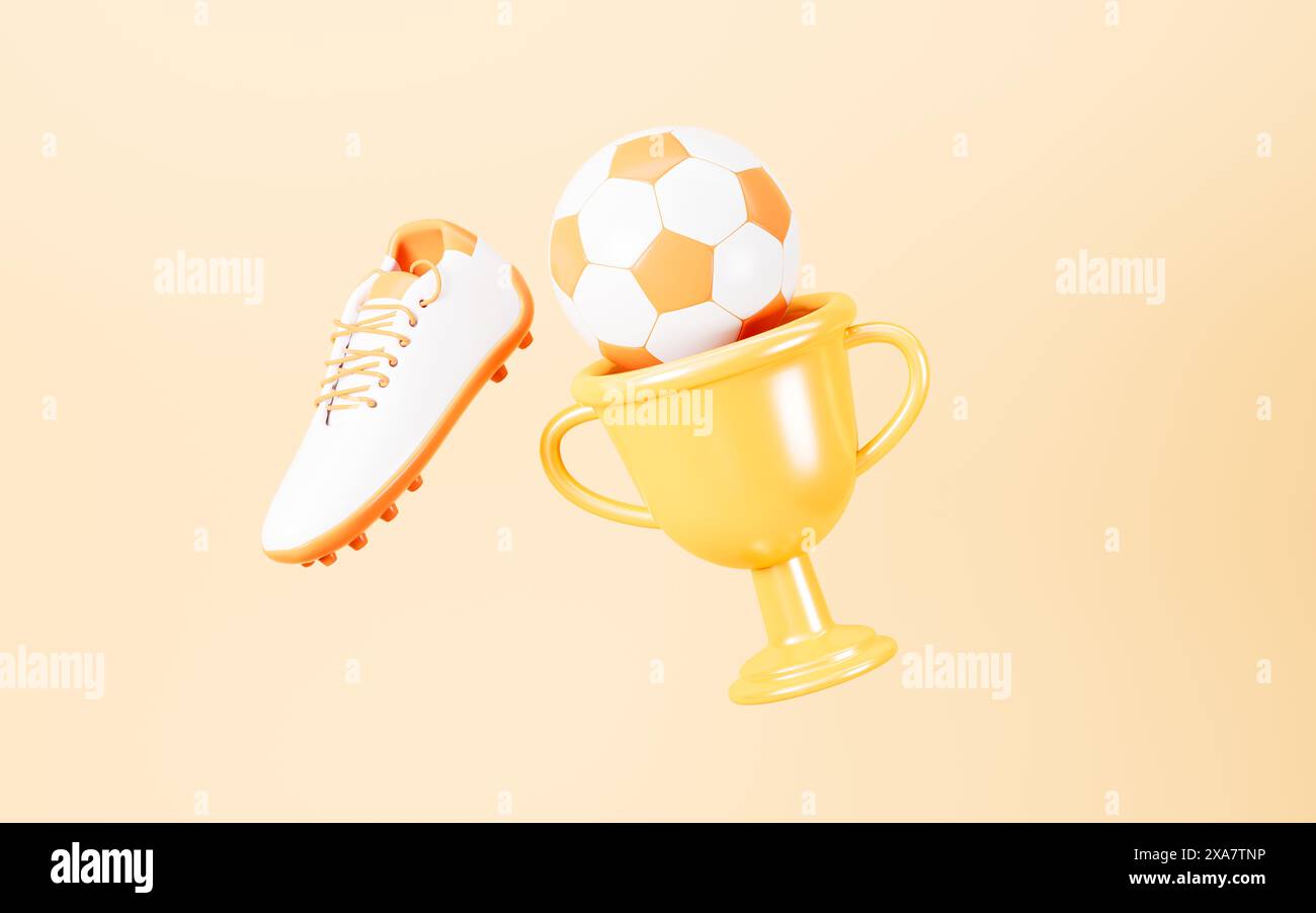 Cartoon football boots, football and trophy in the yellow background ...