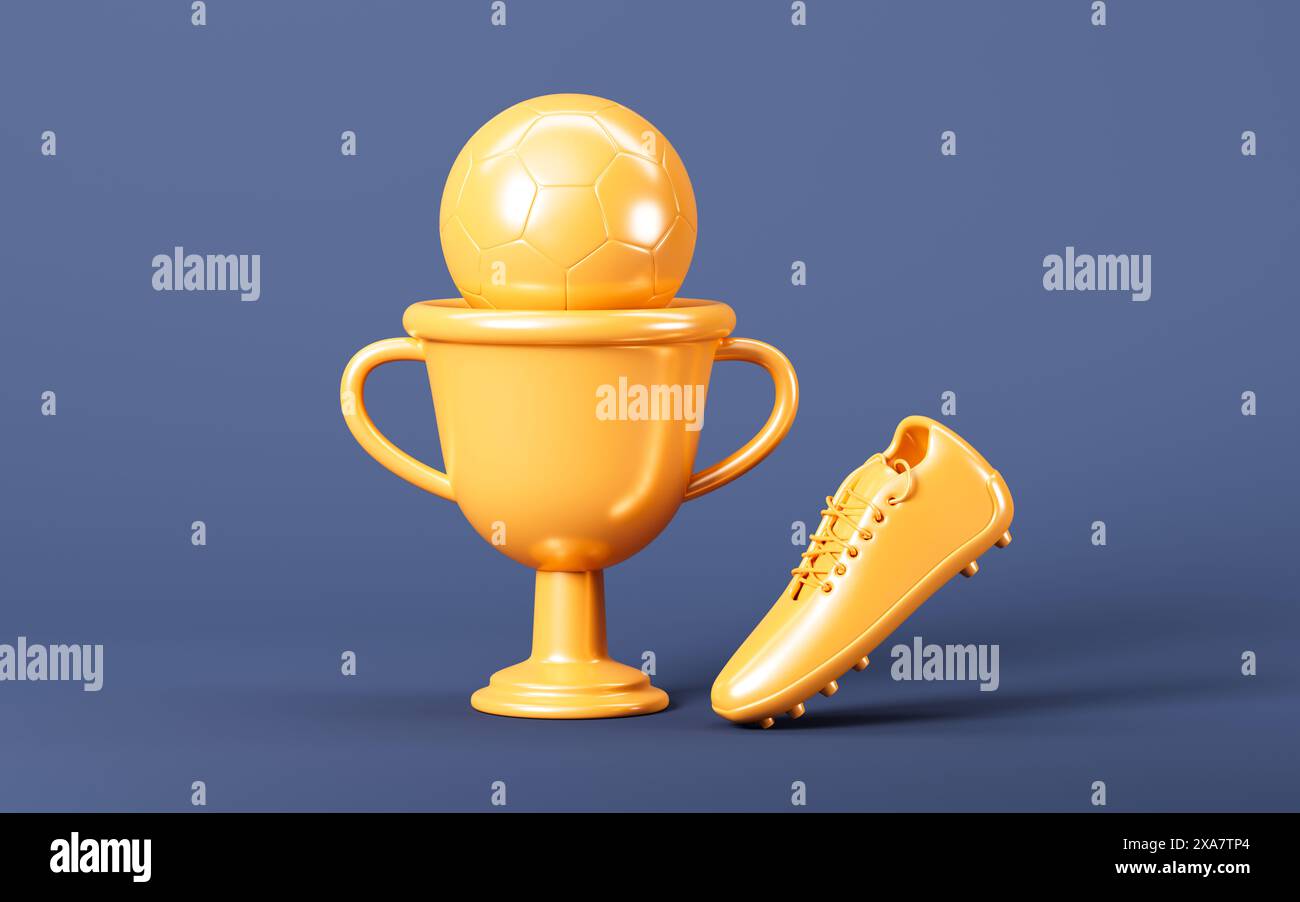 Cartoon football boots, football and trophy in the blue background, 3d ...