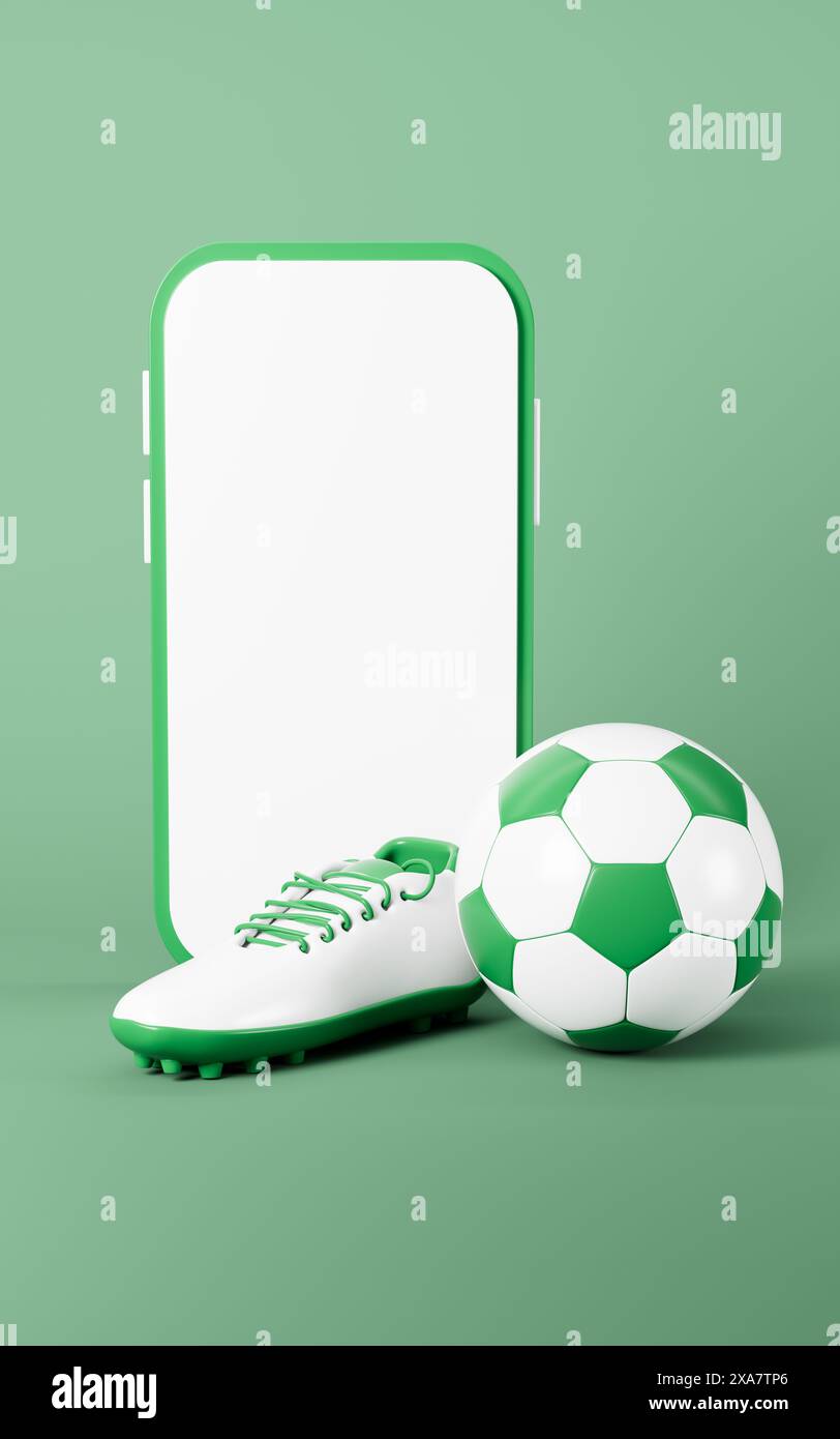 Cartoon football boots, ball and mobile phone in the green background ...