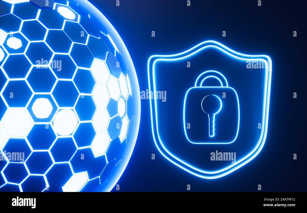 Abstract glowing sphere and shield, data transmission and information ...