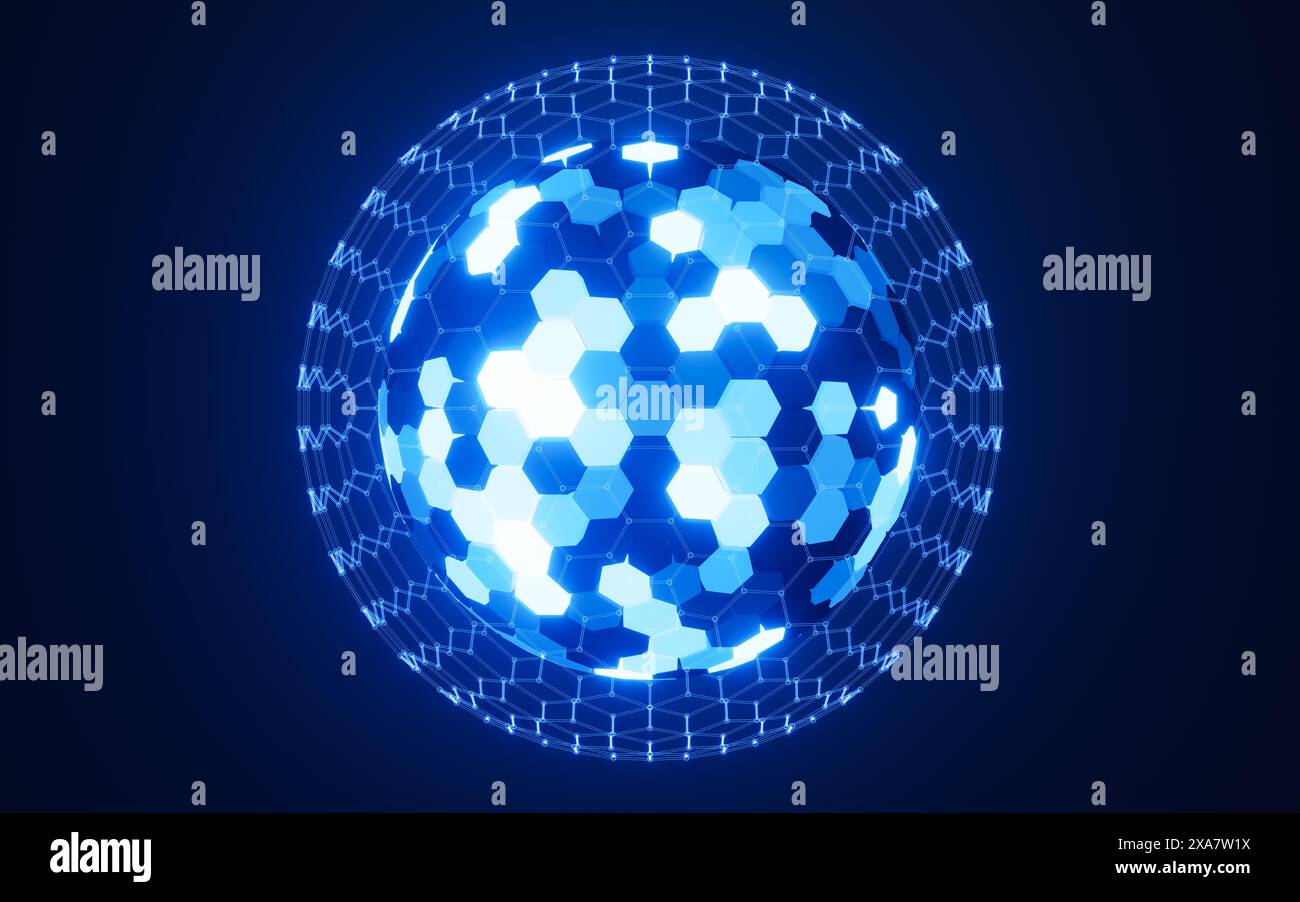 Abstract hexagonal sphere, neon glowing sphere, 3d rendering. 3d ...