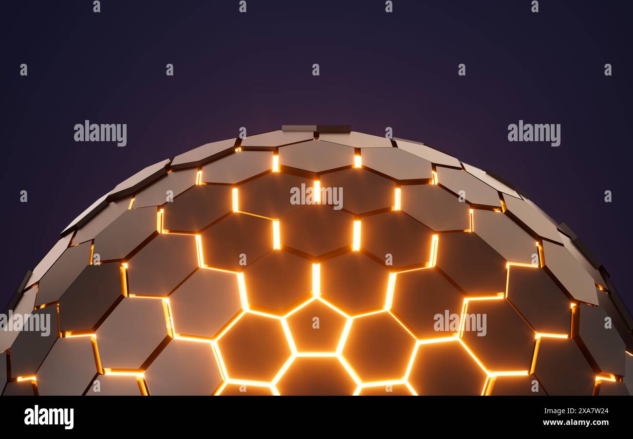 Abstract hexagonal sphere, neon glowing sphere, 3d rendering. 3d ...