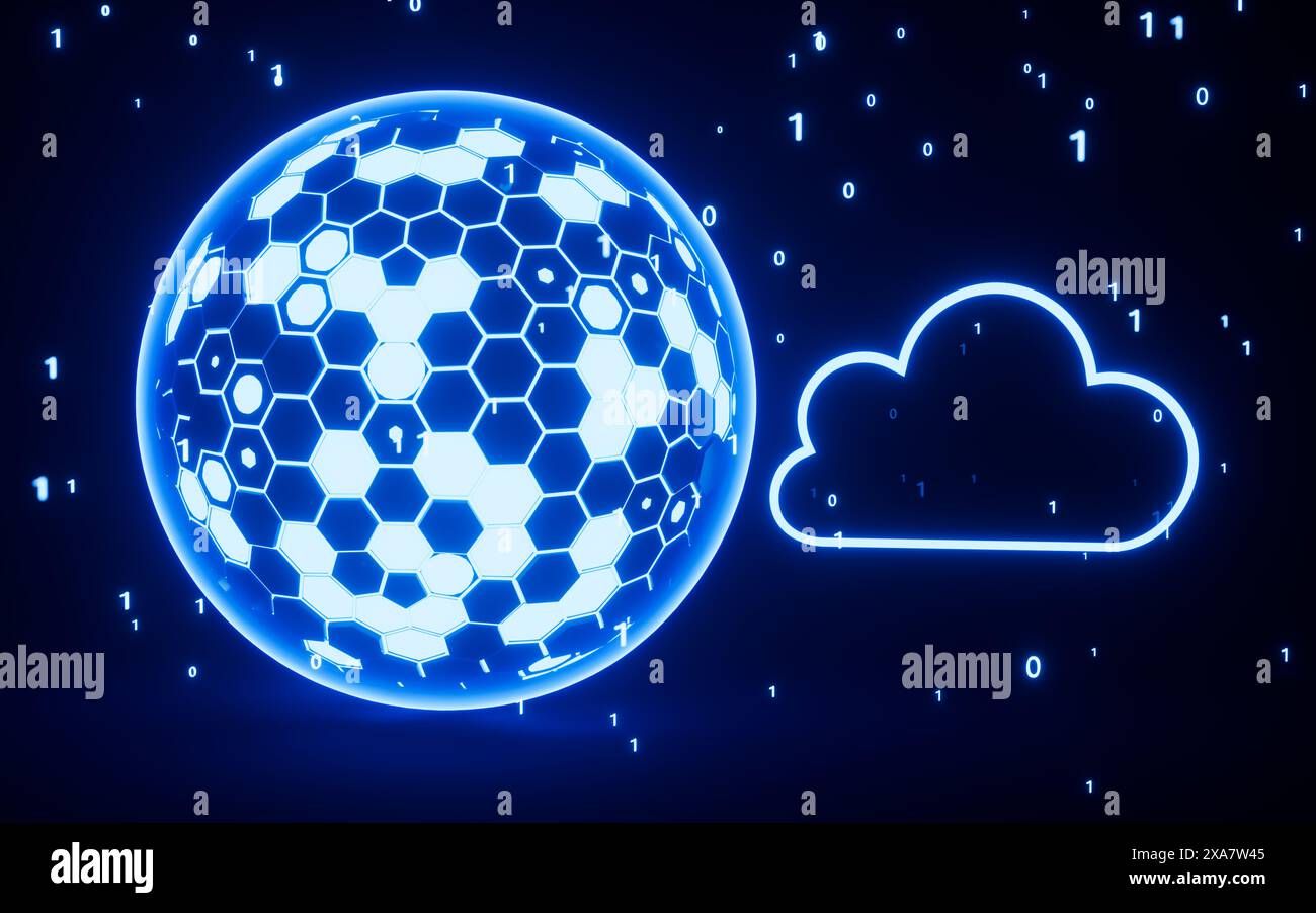 Abstract glowing sphere, cloud computing and binary system concept, 3d rendering. 3d ...