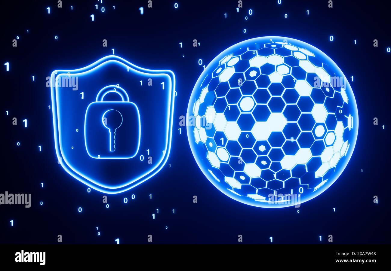 Abstract glowing sphere and shield, data transmission and information ...