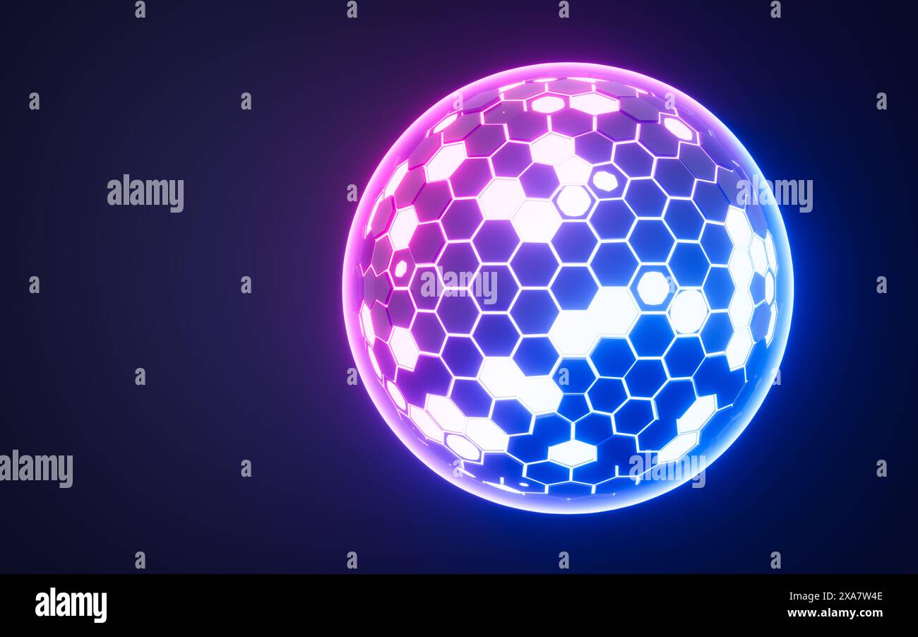 Abstract hexagonal sphere, neon glowing sphere, 3d rendering. 3d ...