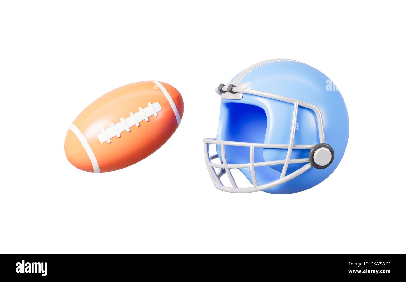 Cartoon rugby football and protective helmet, 3d rendering. 3d ...