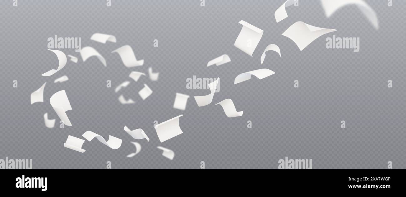 3d fly paper sheet. White page fall swirl on wind. Realistic blank ...