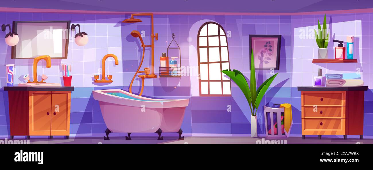 Modern bathroom interior design. Vector cartoon illustration of tiled ...