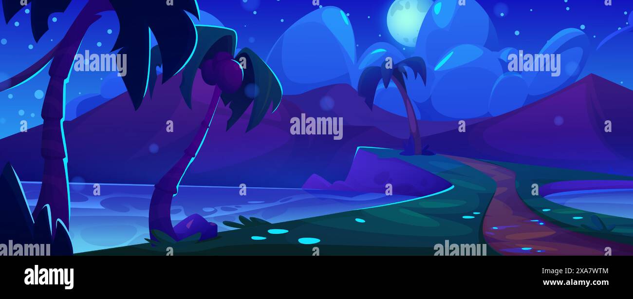 Night summer island scenery with palm trees. Vector cartoon ...