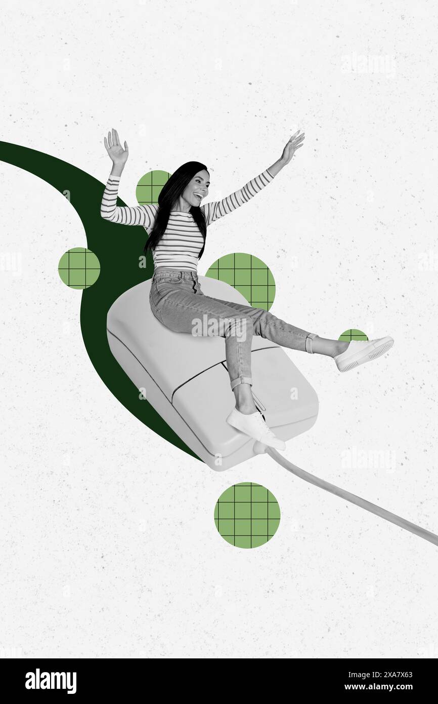 Vertical image collage young cheerful woman ride mouse computer device ...