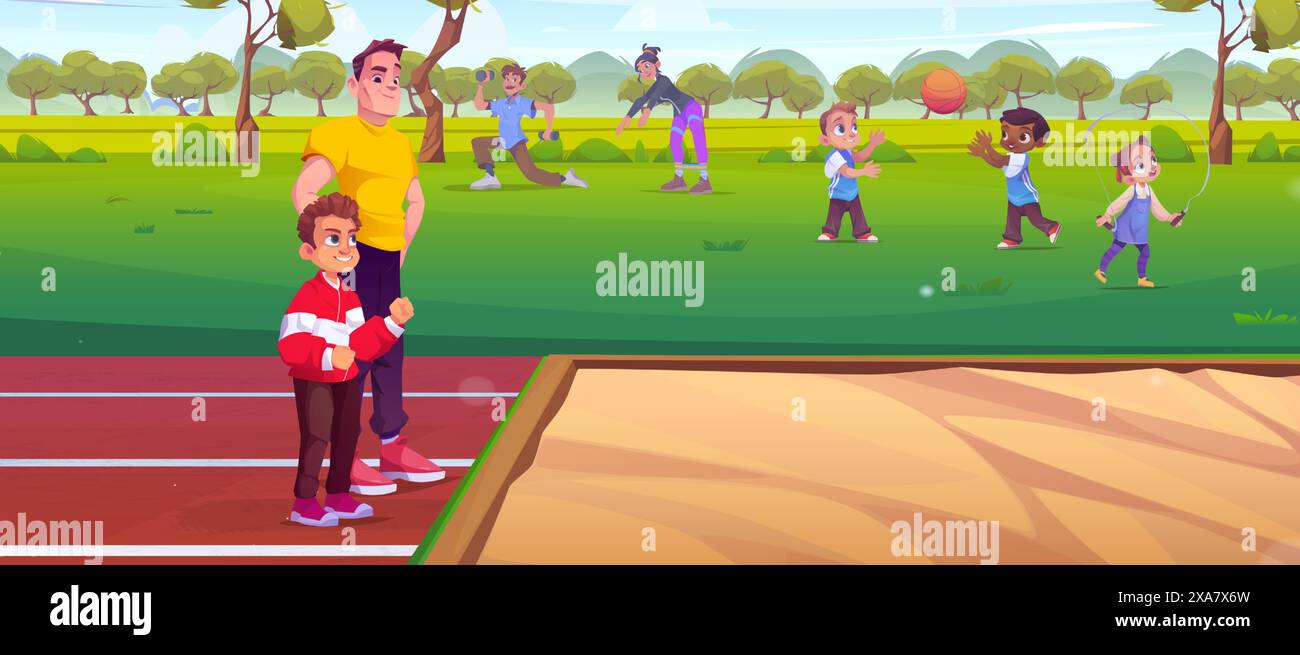 Teen boy and male coach stand near box of sand for long jumps in public ...