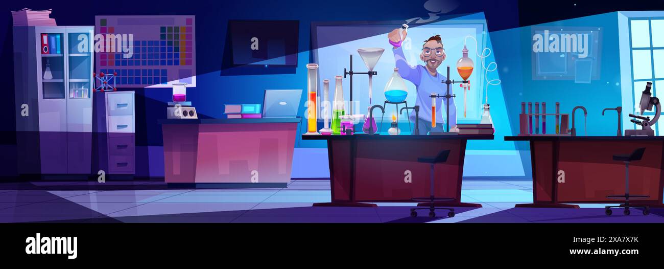Male doctor or scientist in school or university classroom at night ...