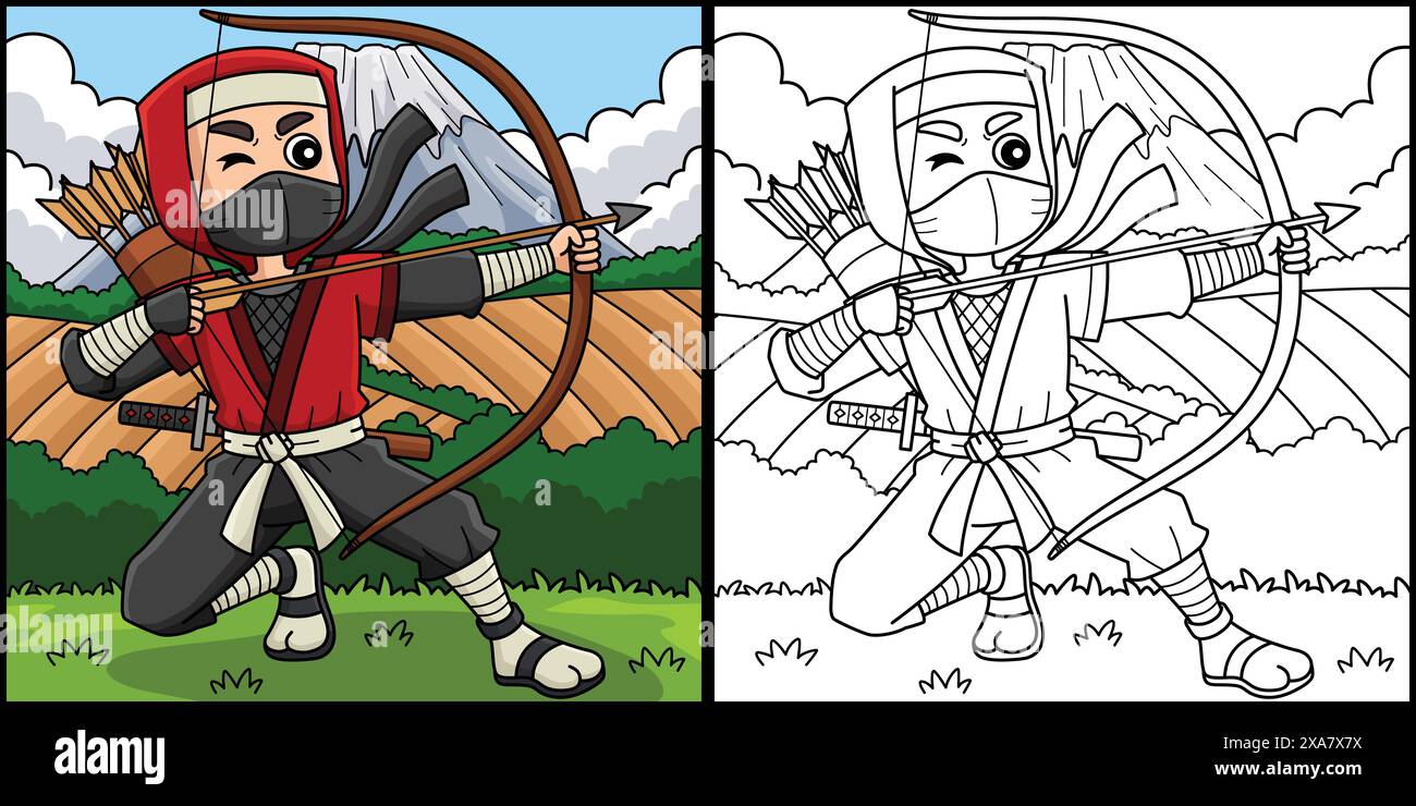 Ninja with Bow and Arrow Coloring Illustration Stock Vector Image & Art ...