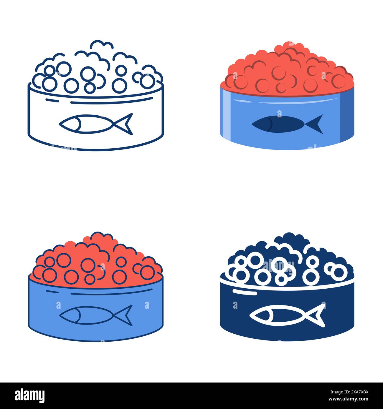 Canned red caviar icon set in flat and line style. Salmon caviar in a ...