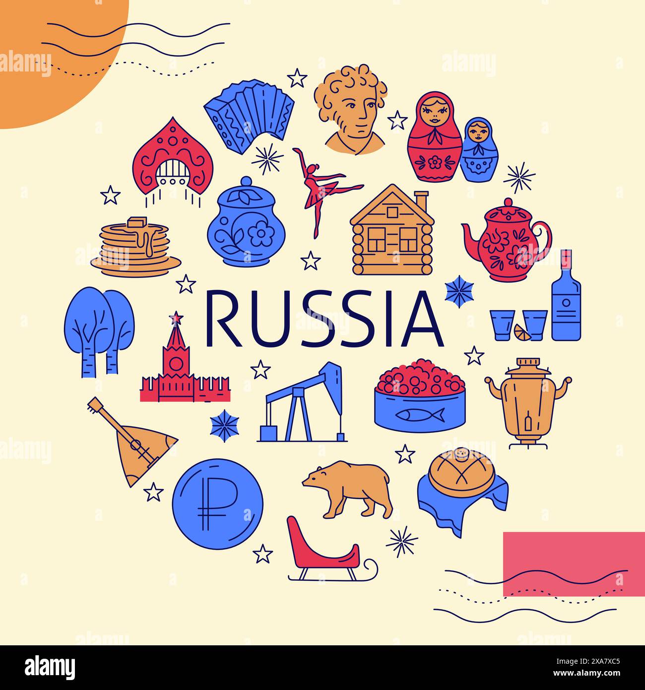 Round poster with Russian traditional symbols. Culture and food of ...