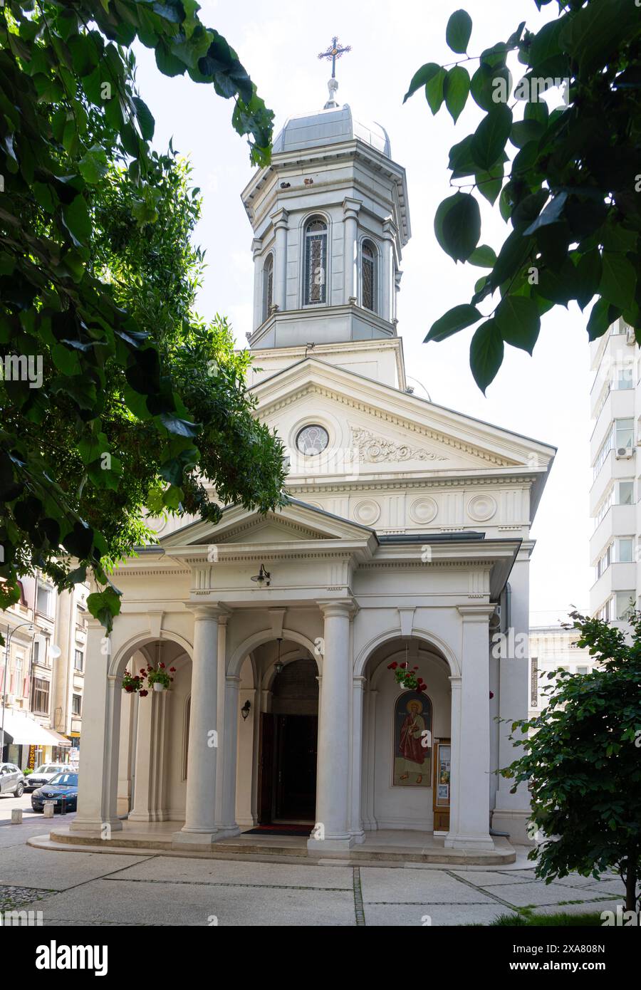 Bucharest, Romania. May 25, 2024. External view of the white church ...