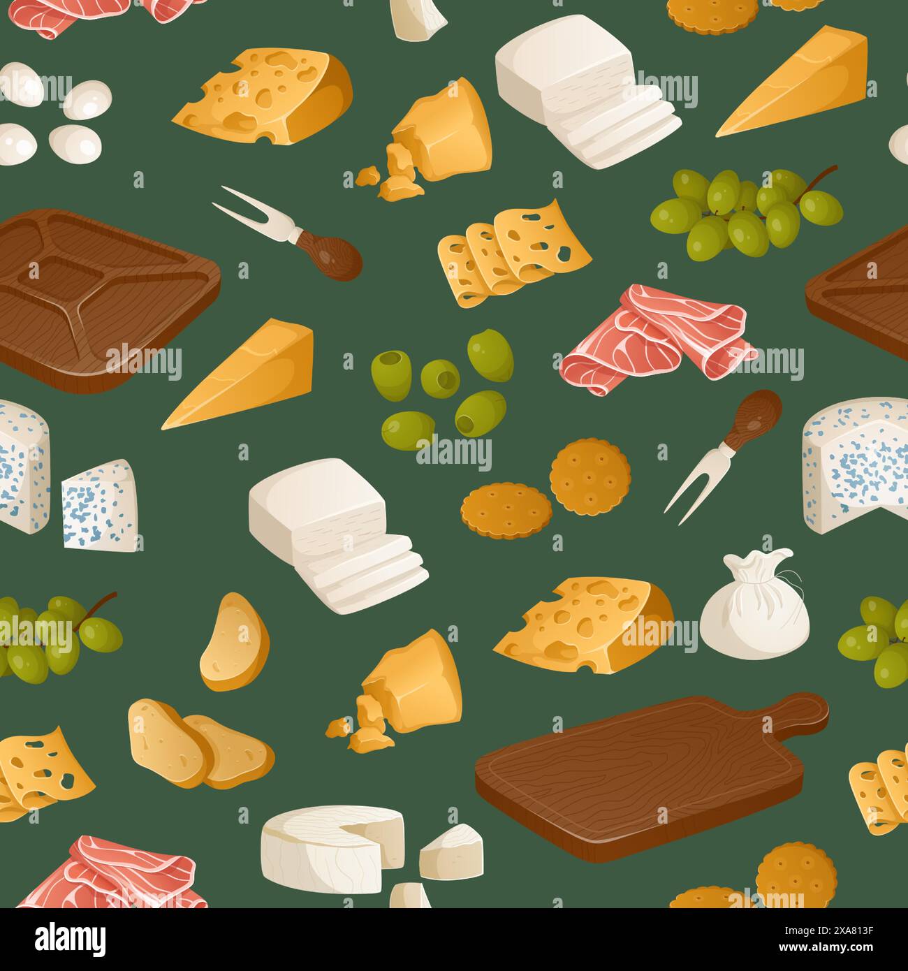 Seamless pattern of different types of cheeses and fruits. Appetizers ...