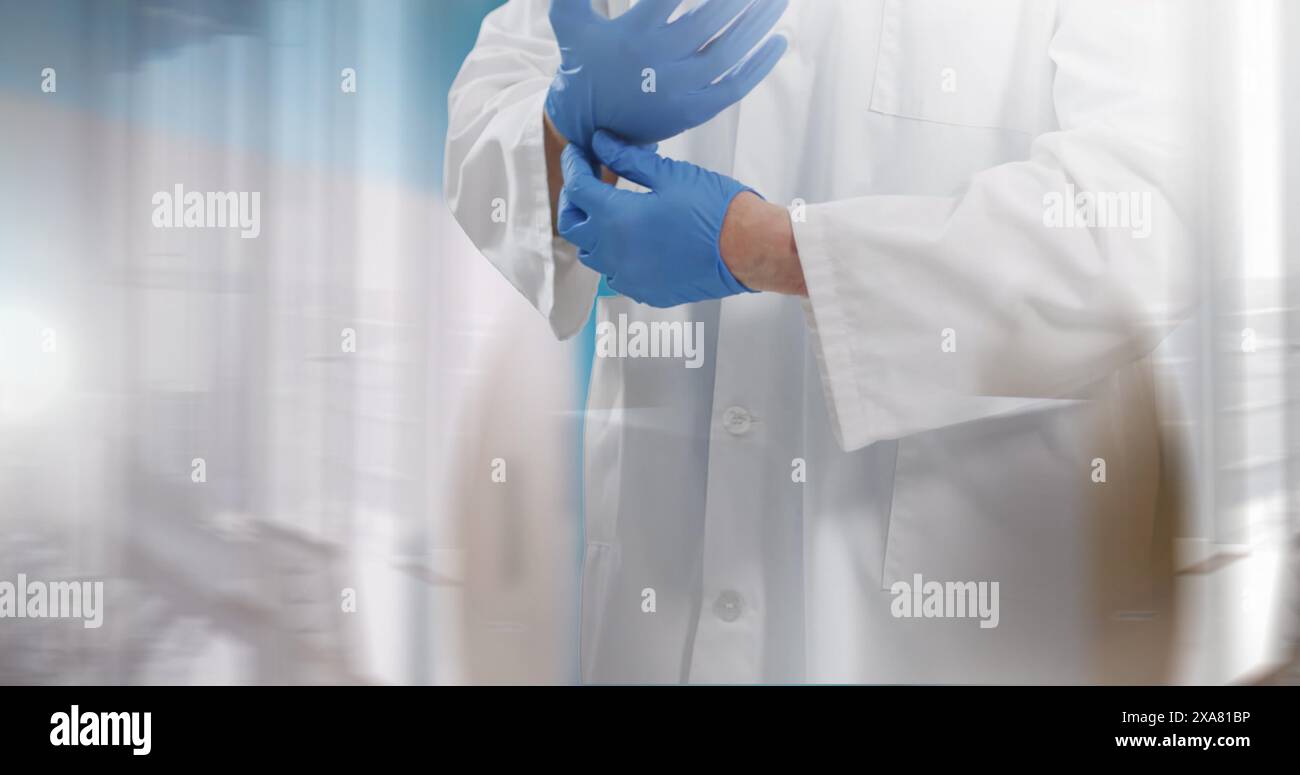 Image of midsection male doctor putting surgical gloves on Stock Photo ...
