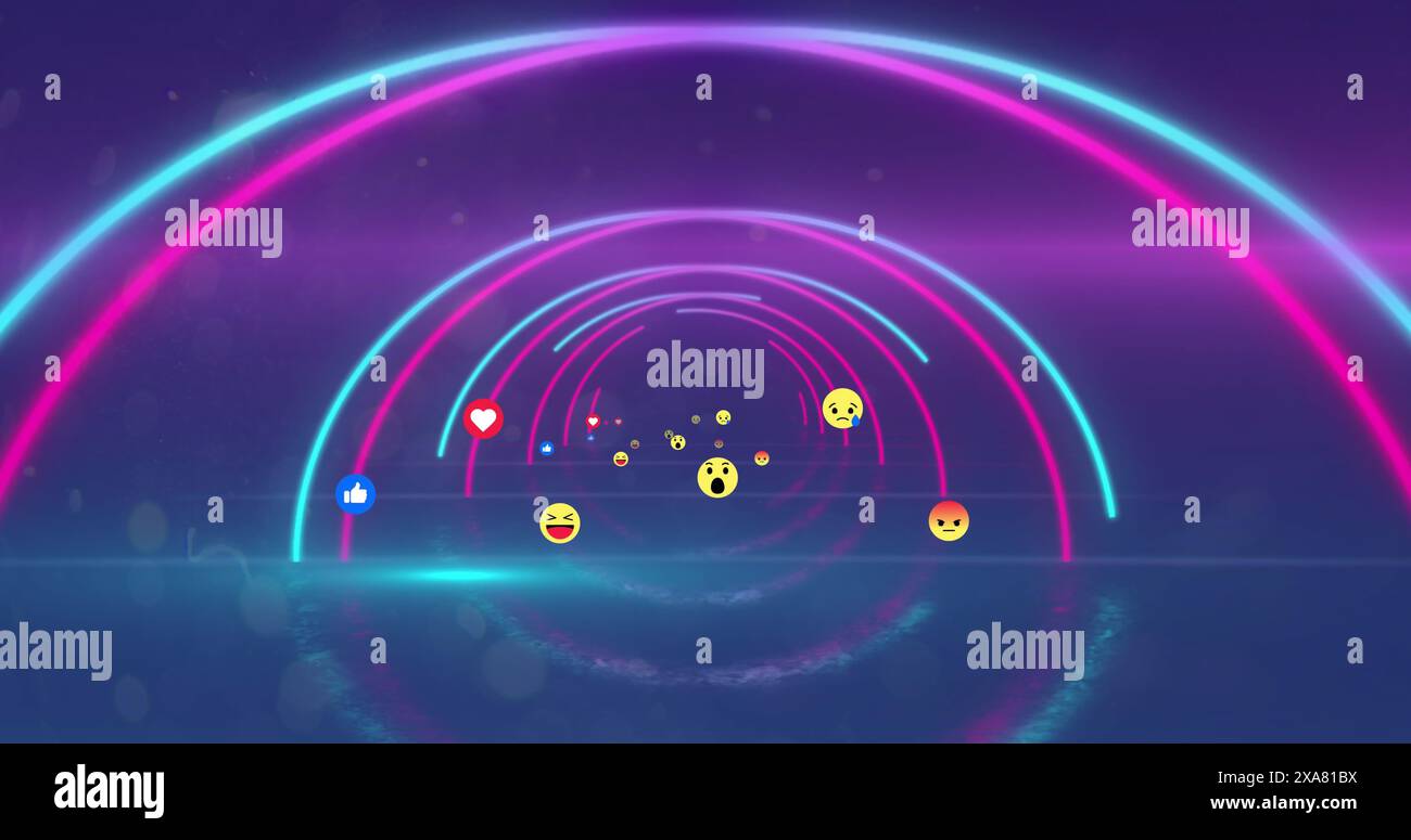 Image of multiple emoji icons moving in glowing neon tunnel on purple ...