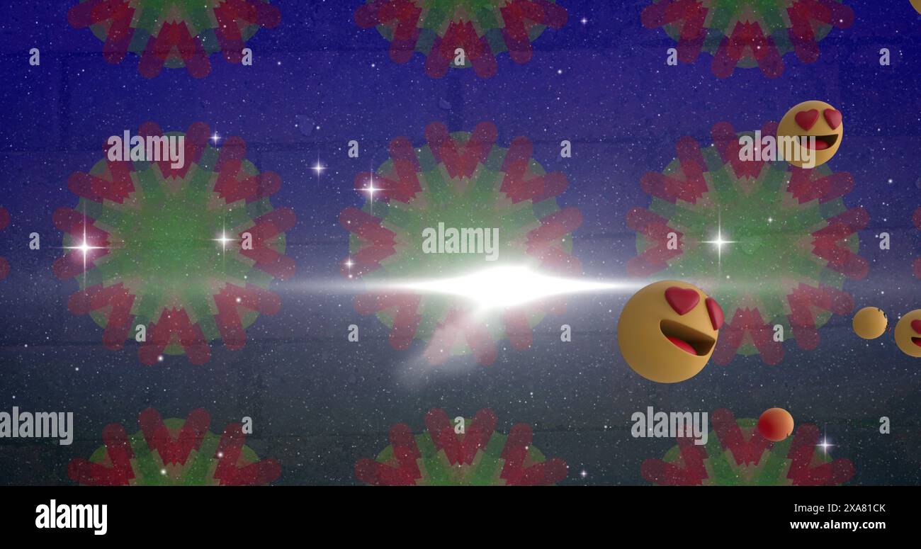 Image of multiple emoji icons moving over glowing kaleidoscope shapes ... Image of multiple emoji icons moving over glowing kaleidoscope shapes ...