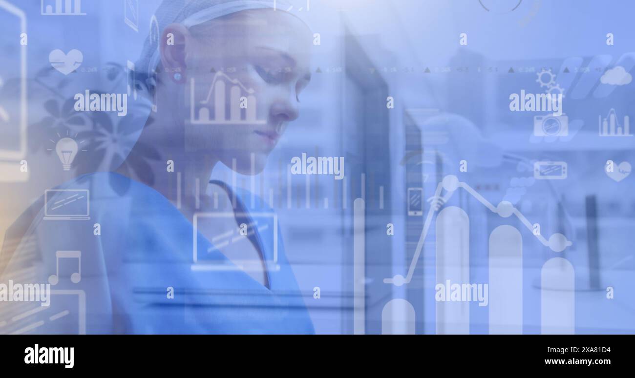 Image of medical data processing and and digital icons over female ...