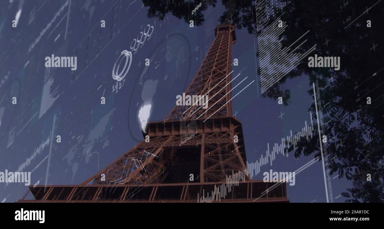 Image of the eiffel tower overlaid with various digital graphs and data ...
