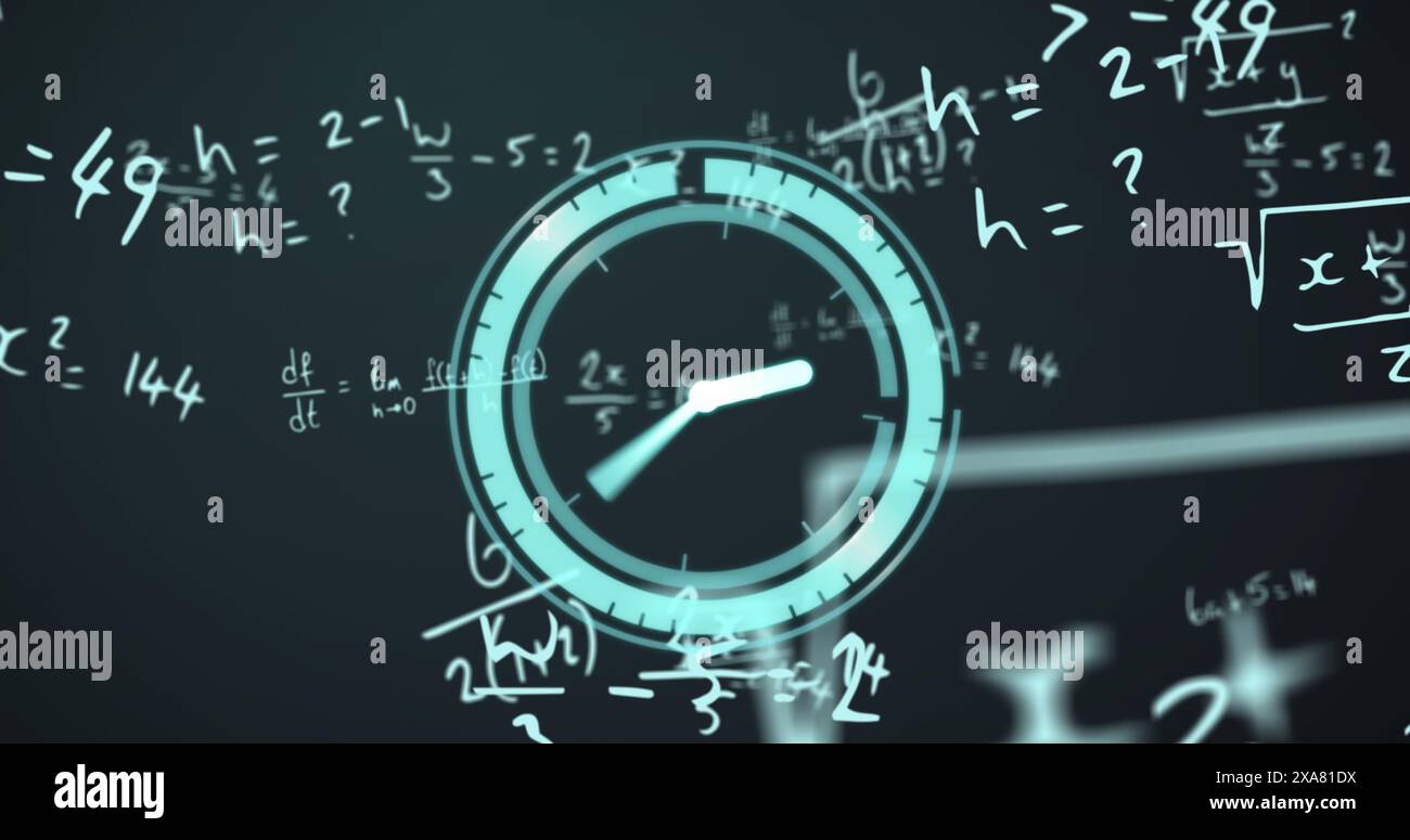 Image of clock over mathematical equations on green background Stock ...