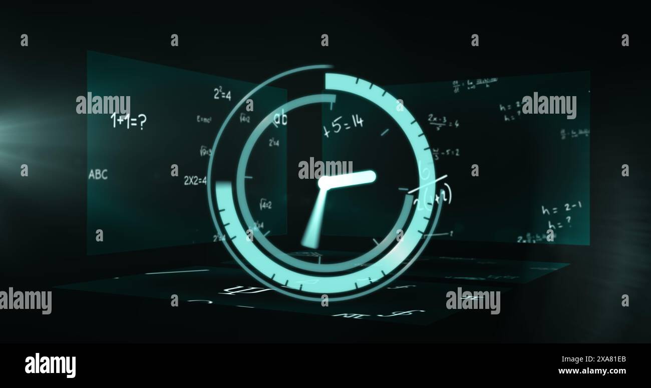 Image of clock over mathematical equations on screens over green ...