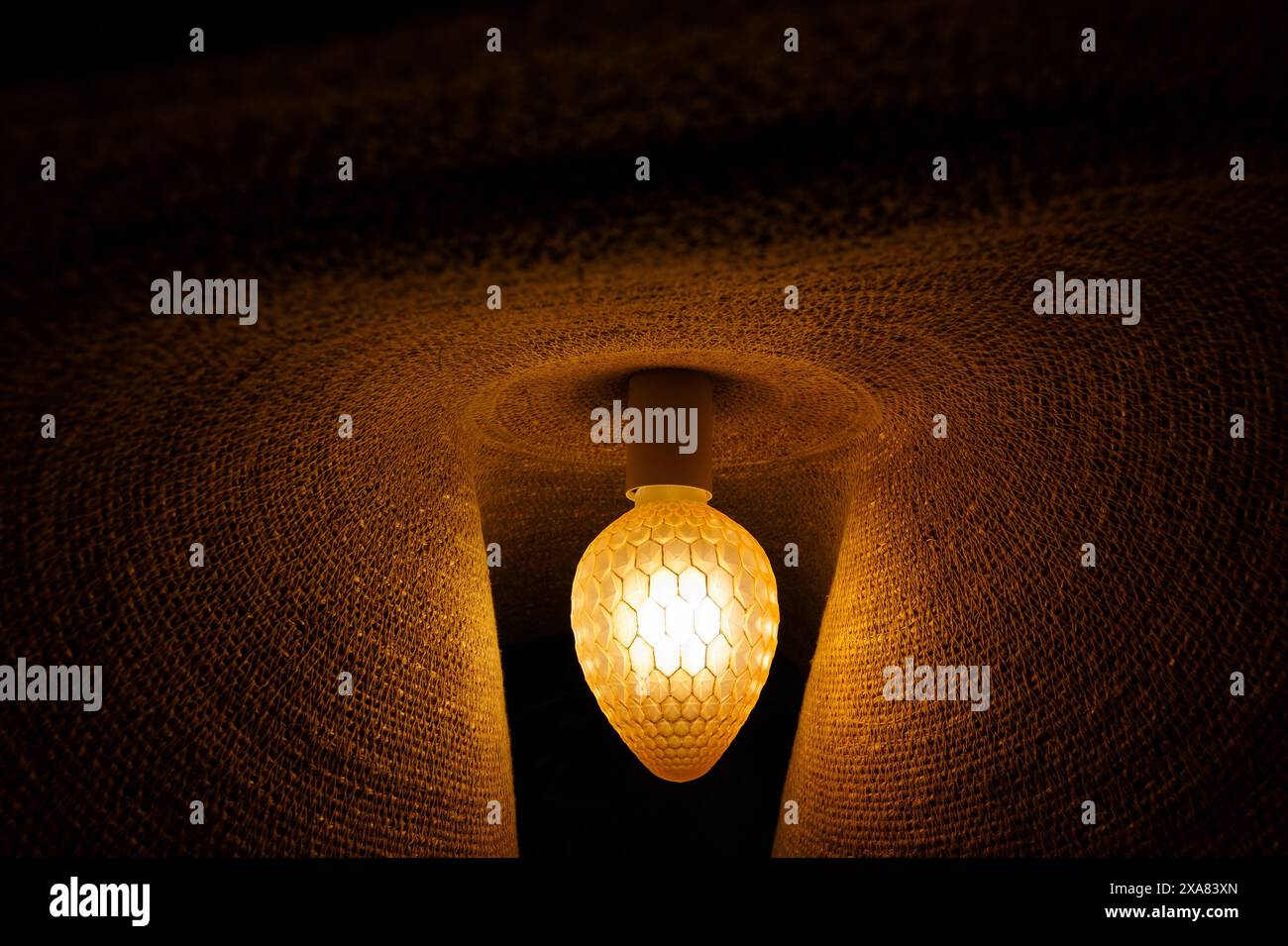 A light bulb is lit up in a dark room. The light is yellow and casts a ...