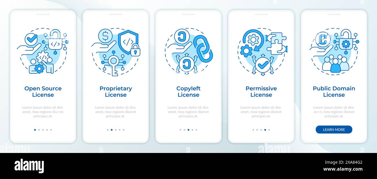 Types of digital licenses blue onboarding mobile app screen Stock ...
