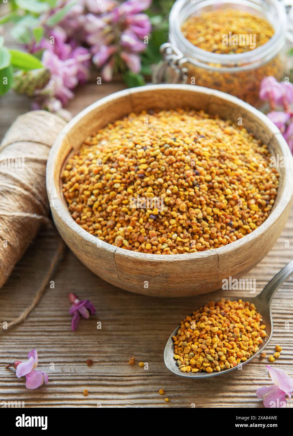 Healthy bee pollen grains. Bee pollen on a bowl and acacia flowers ...