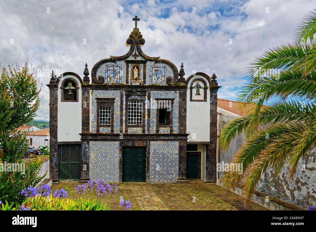Historic church Convent of Caloura with typical tile pattern, blue and ...