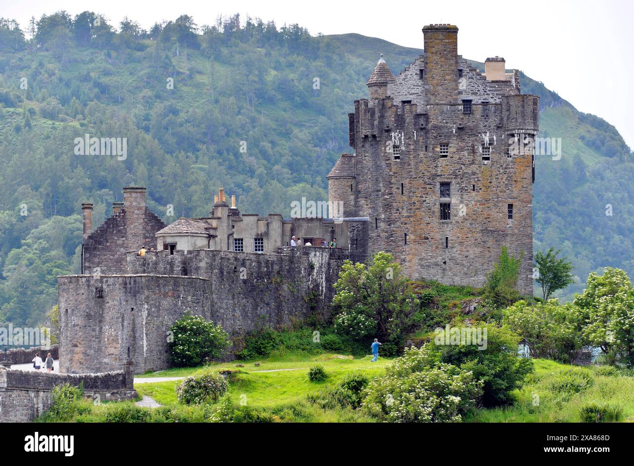 The illuminated Eilean Donan Castle is reflected in the water on a calm ...