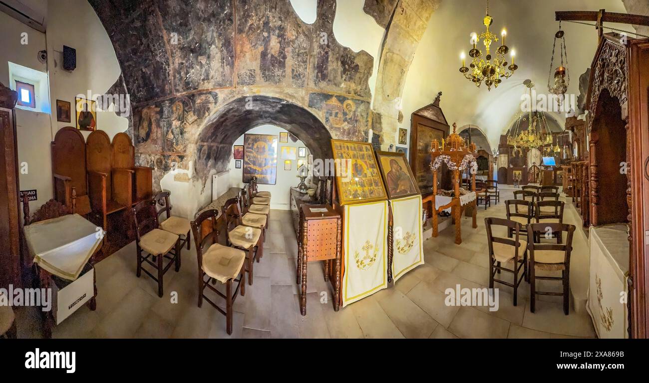 Panoramic view of the interior of the two-nave monastery church dedicated to the Assumption of ...