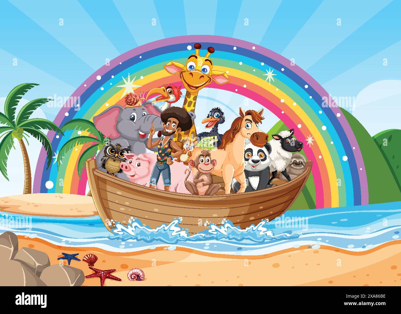 Animals and a person on a boat under rainbow Stock Vector Image & Art ...