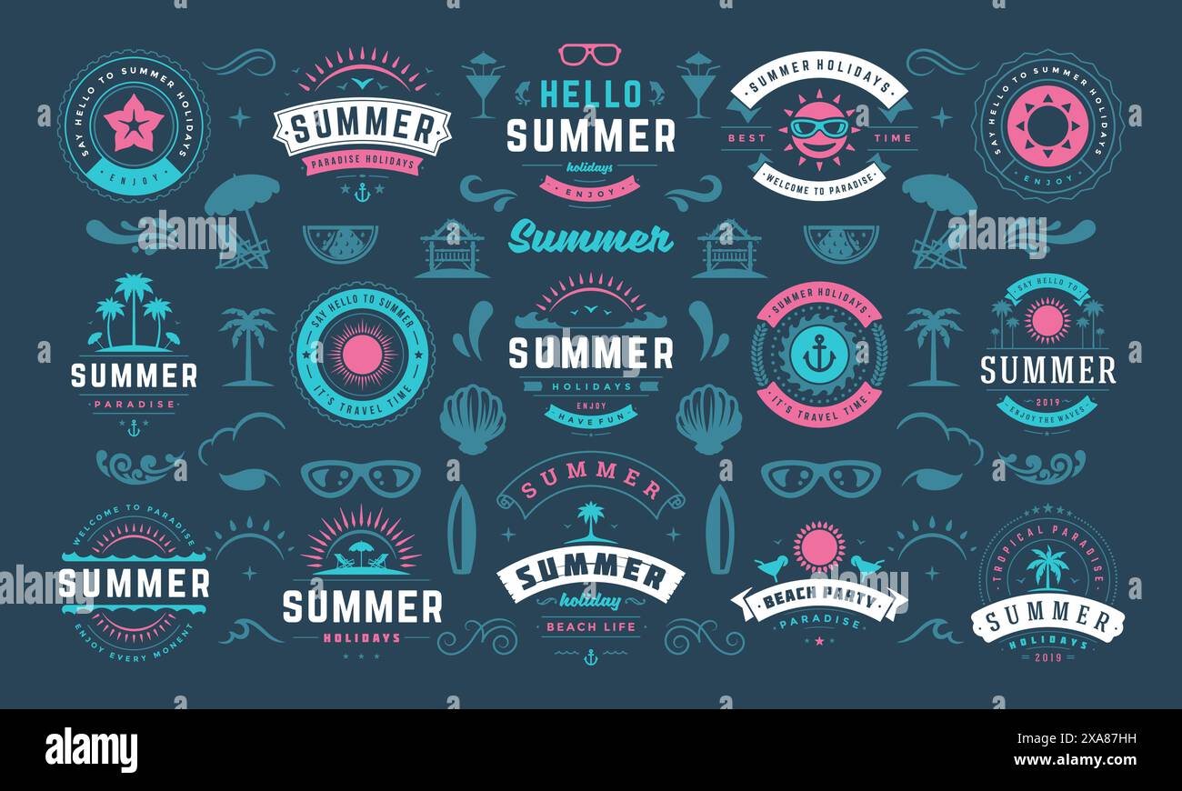 Summer holiday labels and badges design set retro typography for ...