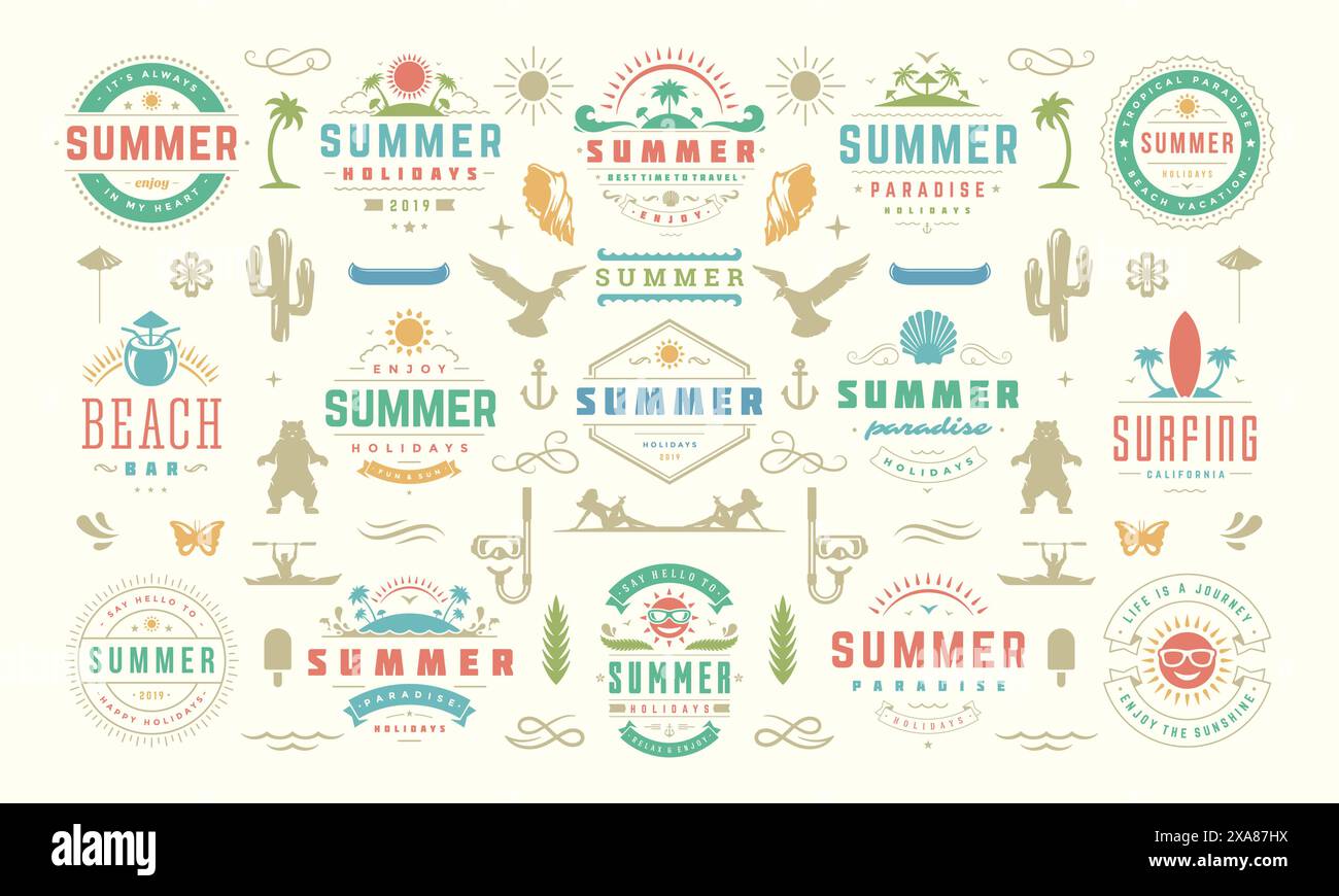 Summer labels and badges design set retro typography for posters ...