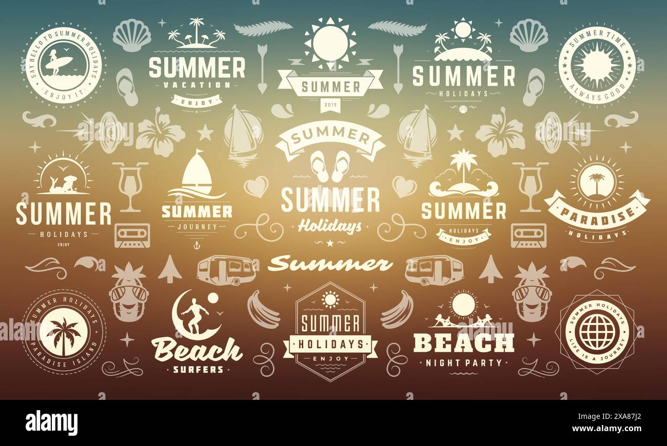 Summer holiday labels and badges design set retro typography for ...