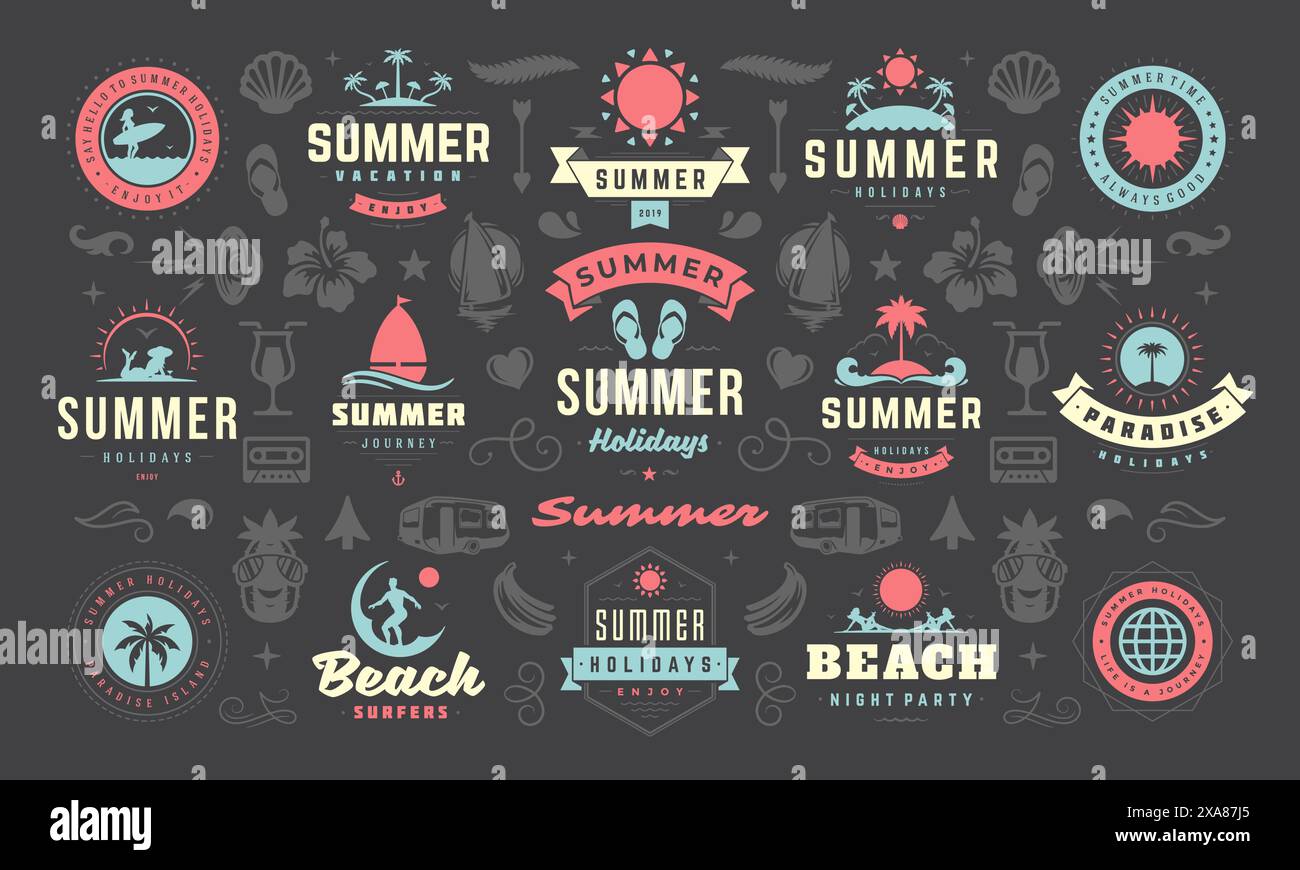 Summer labels and badges design set retro typography for posters ...