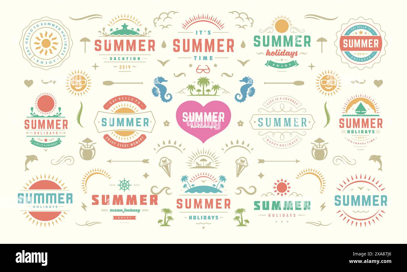 Summer labels and badges design set retro typography for posters ...