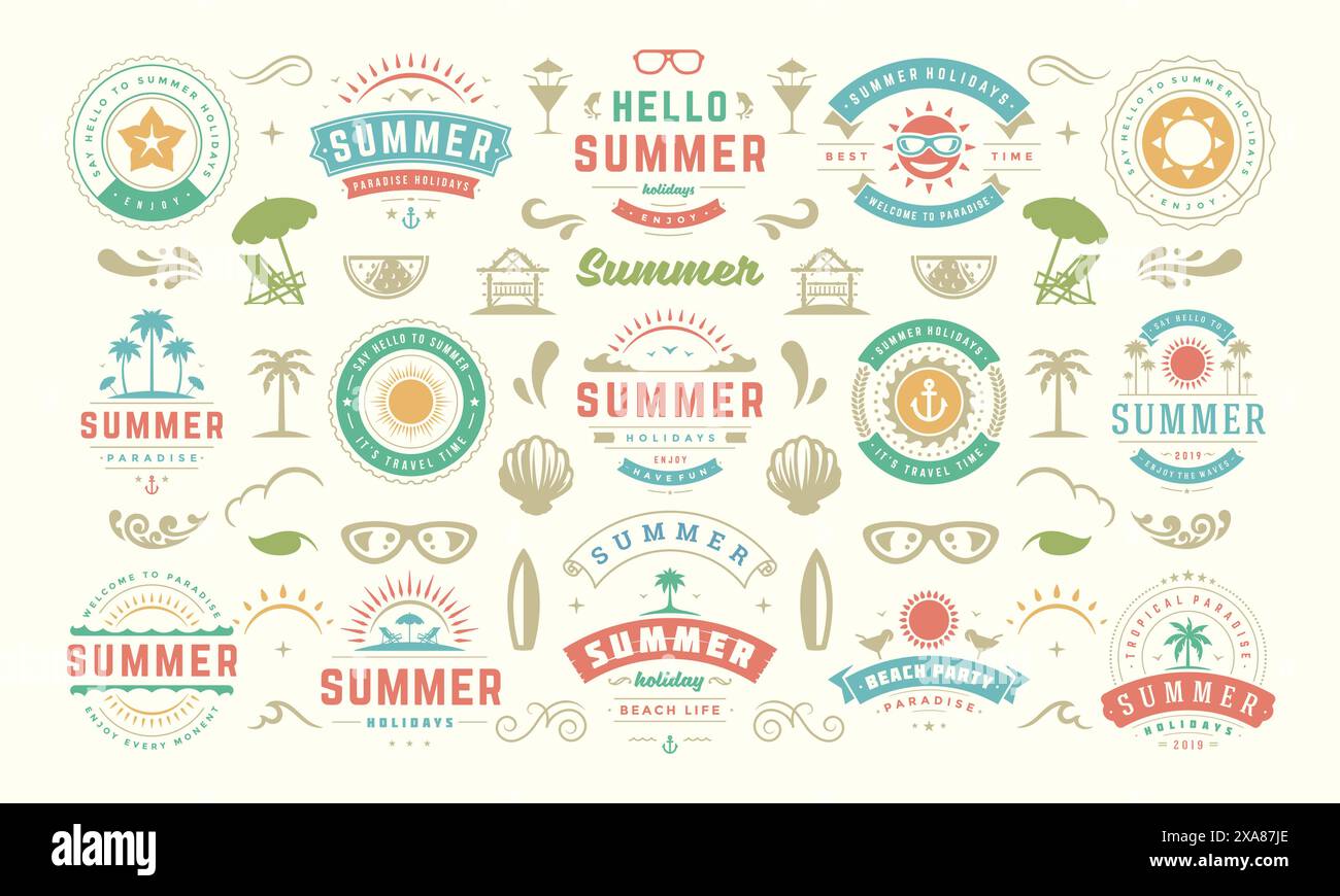 Summer labels and badges design set retro typography for posters ...