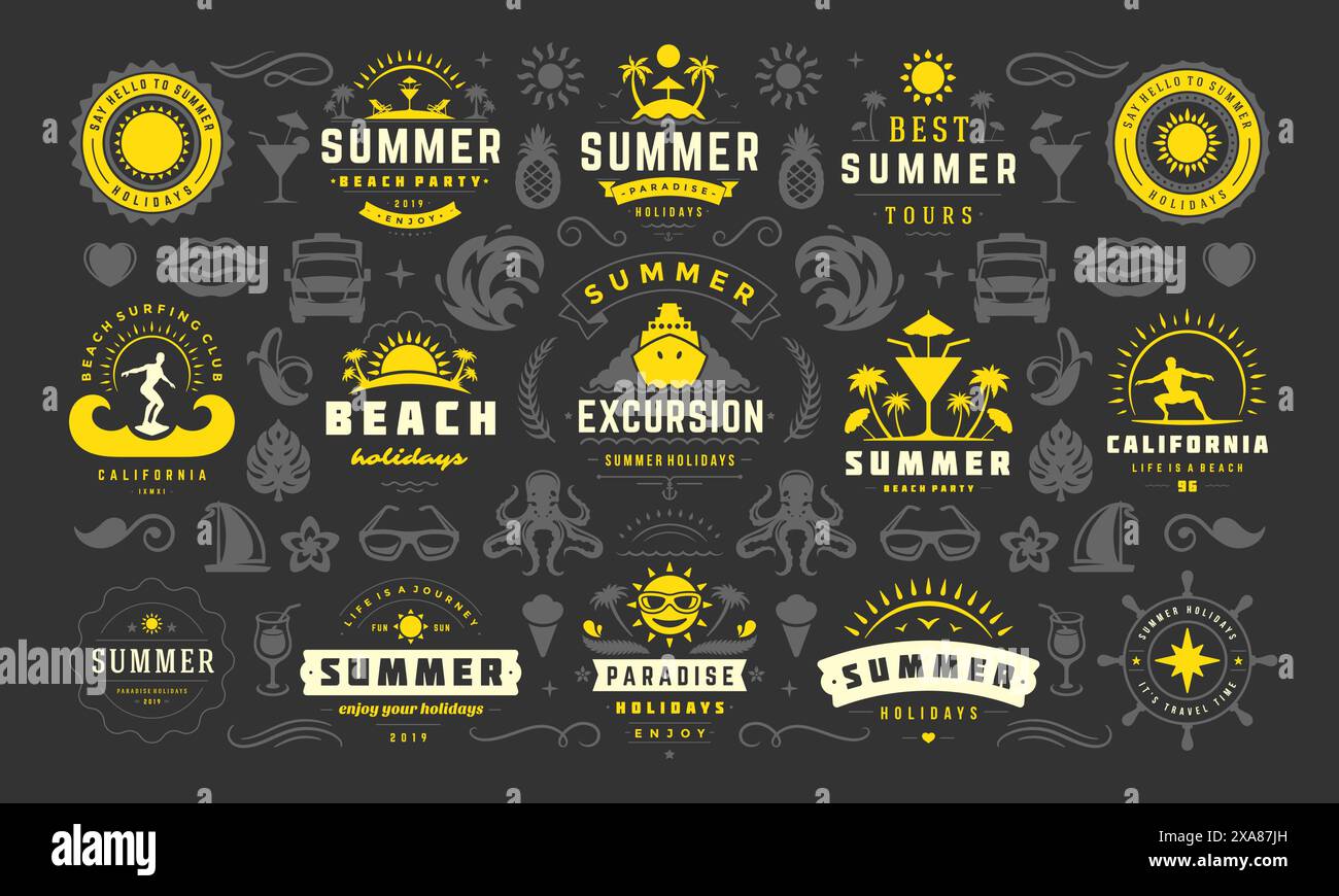 Summer labels and badges design set retro typography for posters ...