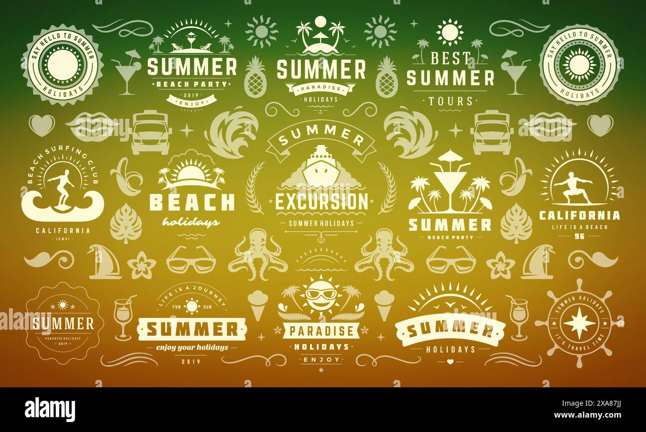 Summer holiday labels and badges design set retro typography for ...