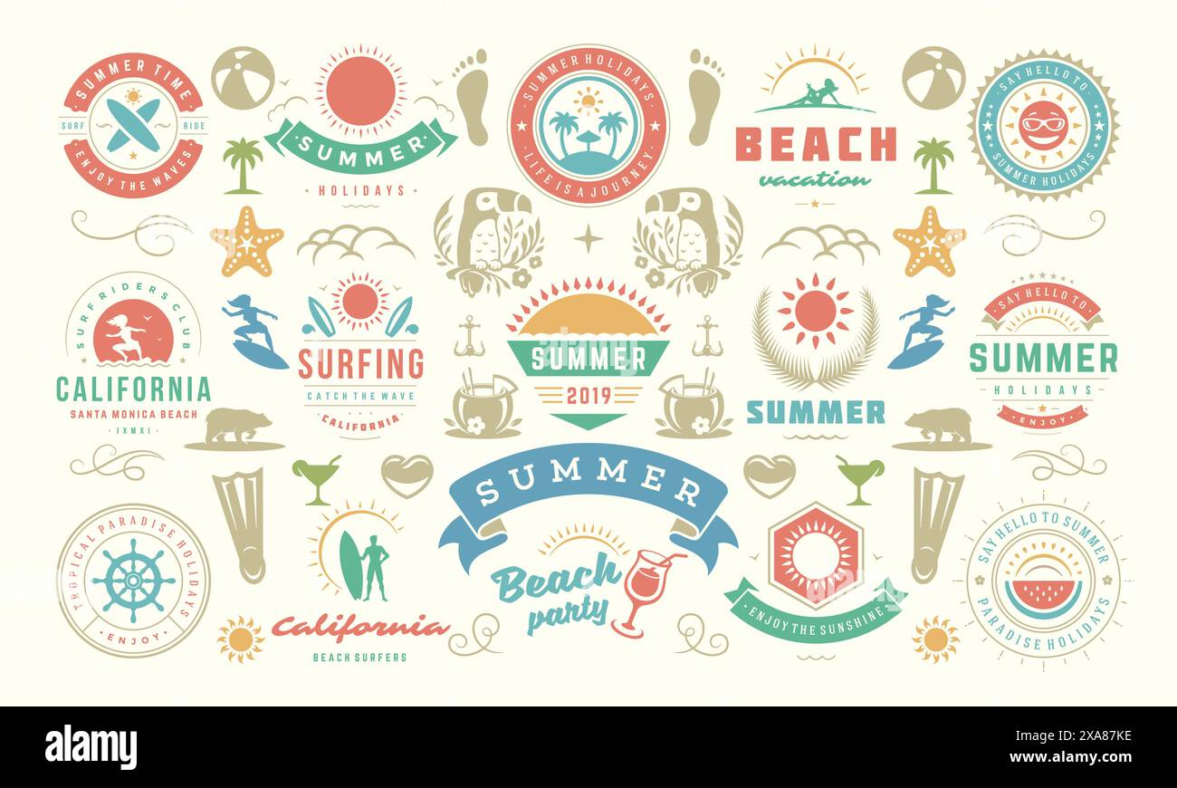 Summer holiday labels and badges design set retro typography for ...