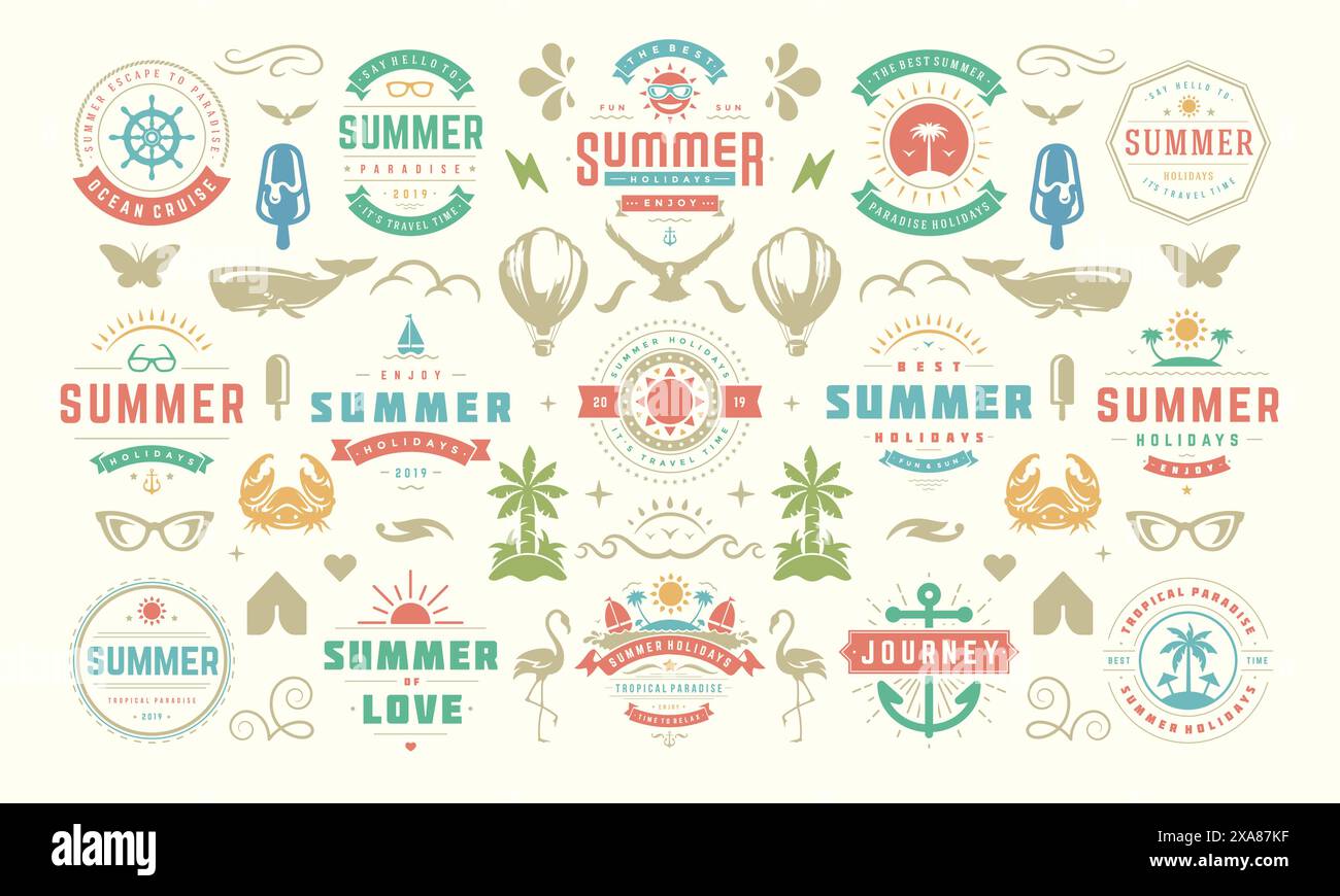 Summer holiday labels and badges design set retro typography for ...