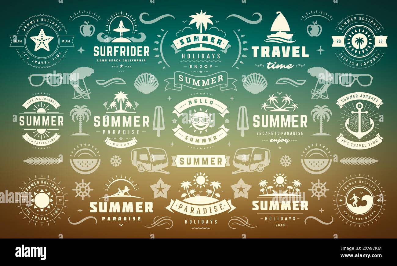Summer labels and badges design set retro typography for posters ...